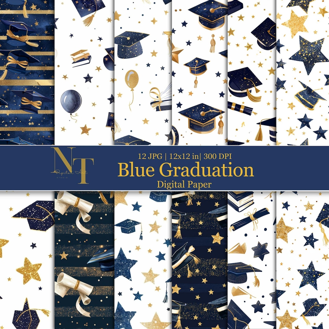 Graduation Digital Paper Seamless Pattern, Class of 2024, Glitter Blue ...