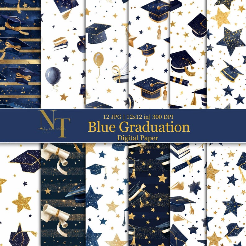 Graduation Digital Paper Seamless Pattern, Class of 2024, Glitter Blue ...