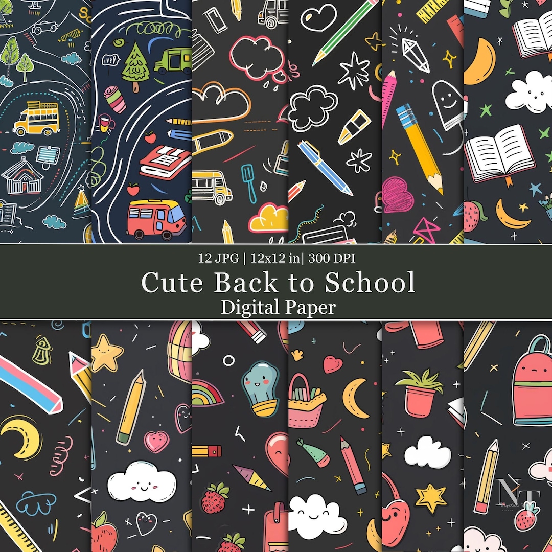 Chalkboard Back to School Digital Paper, School Supplies Seamless ...