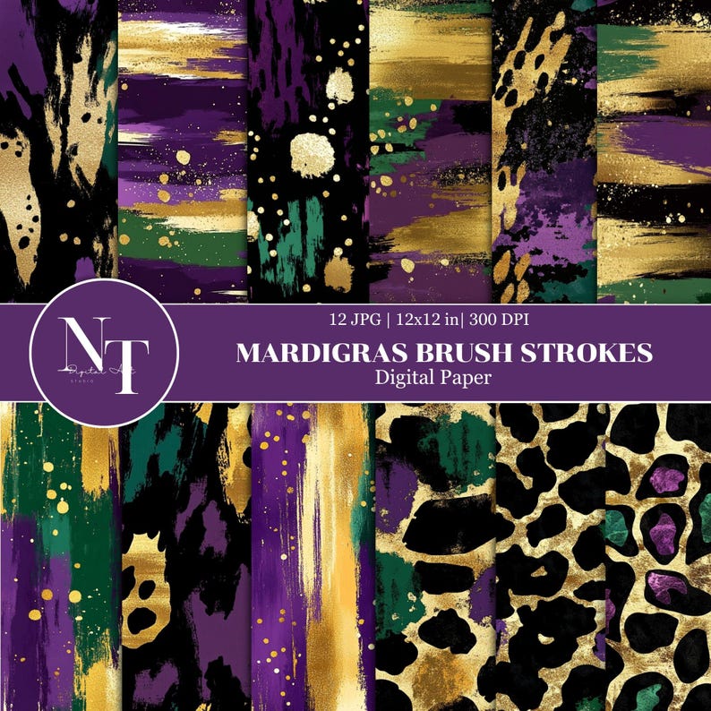 Mardi Gras Brushstroke Digital Paper Seamless Pattern Glitter Gold ...