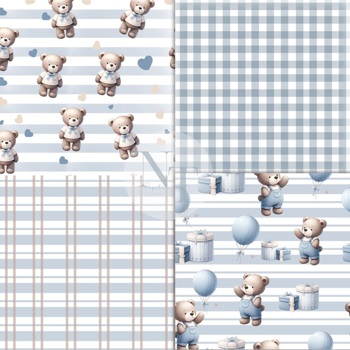 Blue Teddy Bear Digital Paper, Baby Bear Pattern, Nursery Baby Boy ...