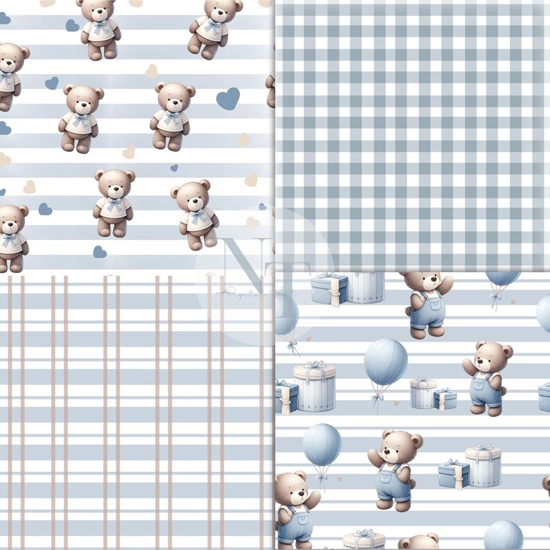 Blue Teddy Bear Digital Paper, Baby Bear Pattern, Nursery Baby Boy ...