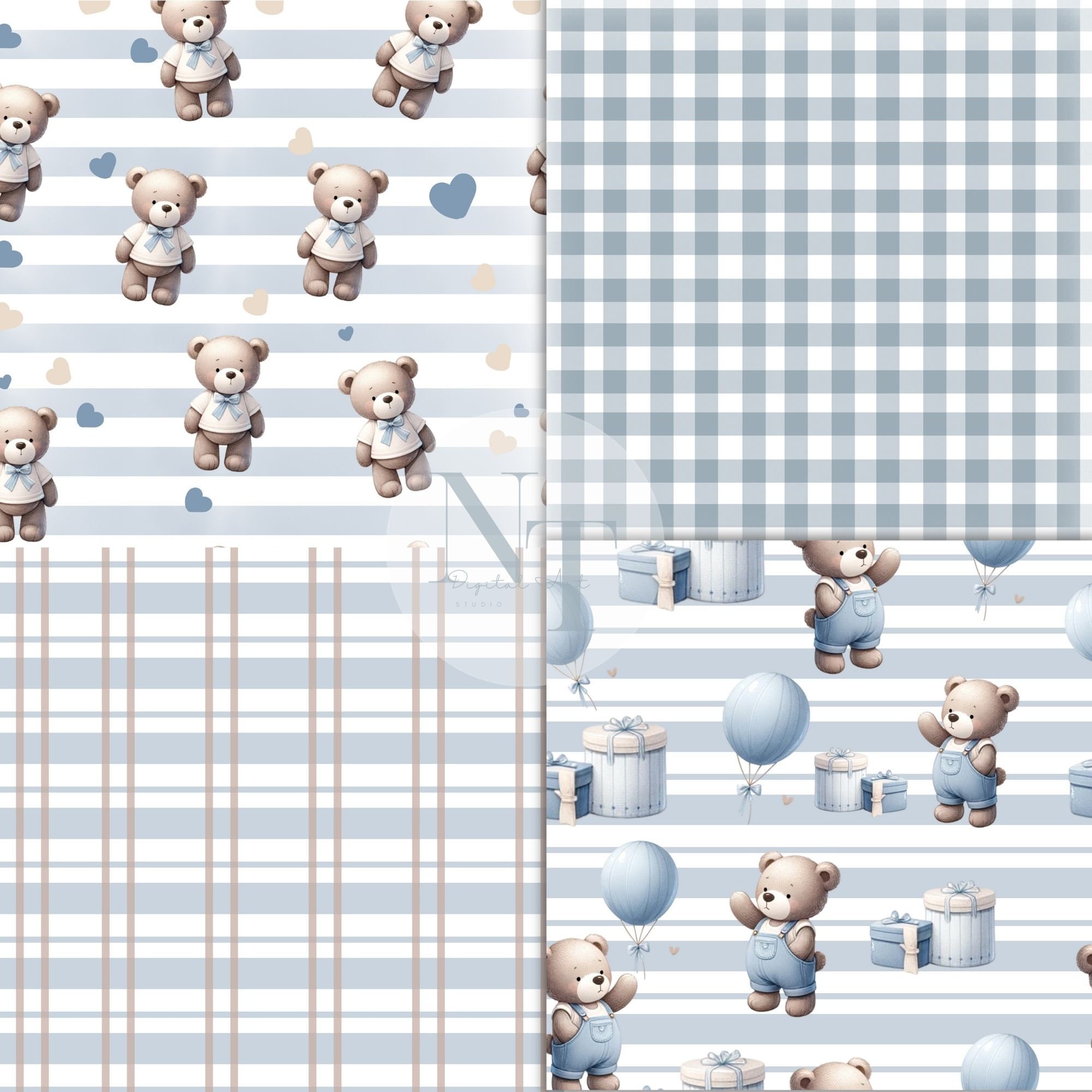 Blue Teddy Bear Digital Paper, Baby Bear Pattern, Nursery Baby Boy ...