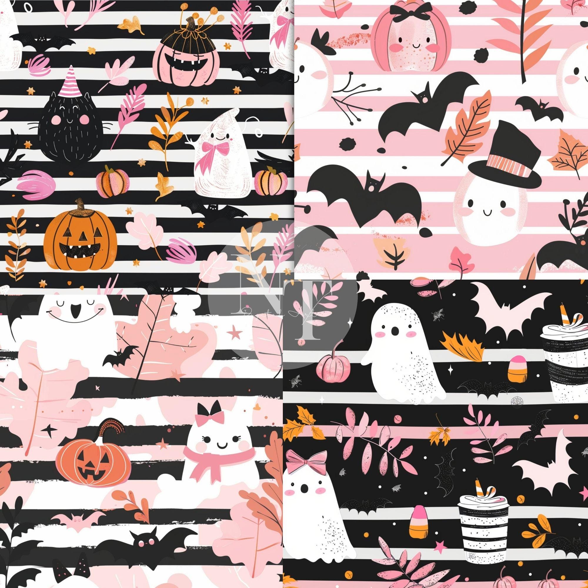 Cute Pink Ghost Halloween Digital Paper, Retro Halloween Seamless ...