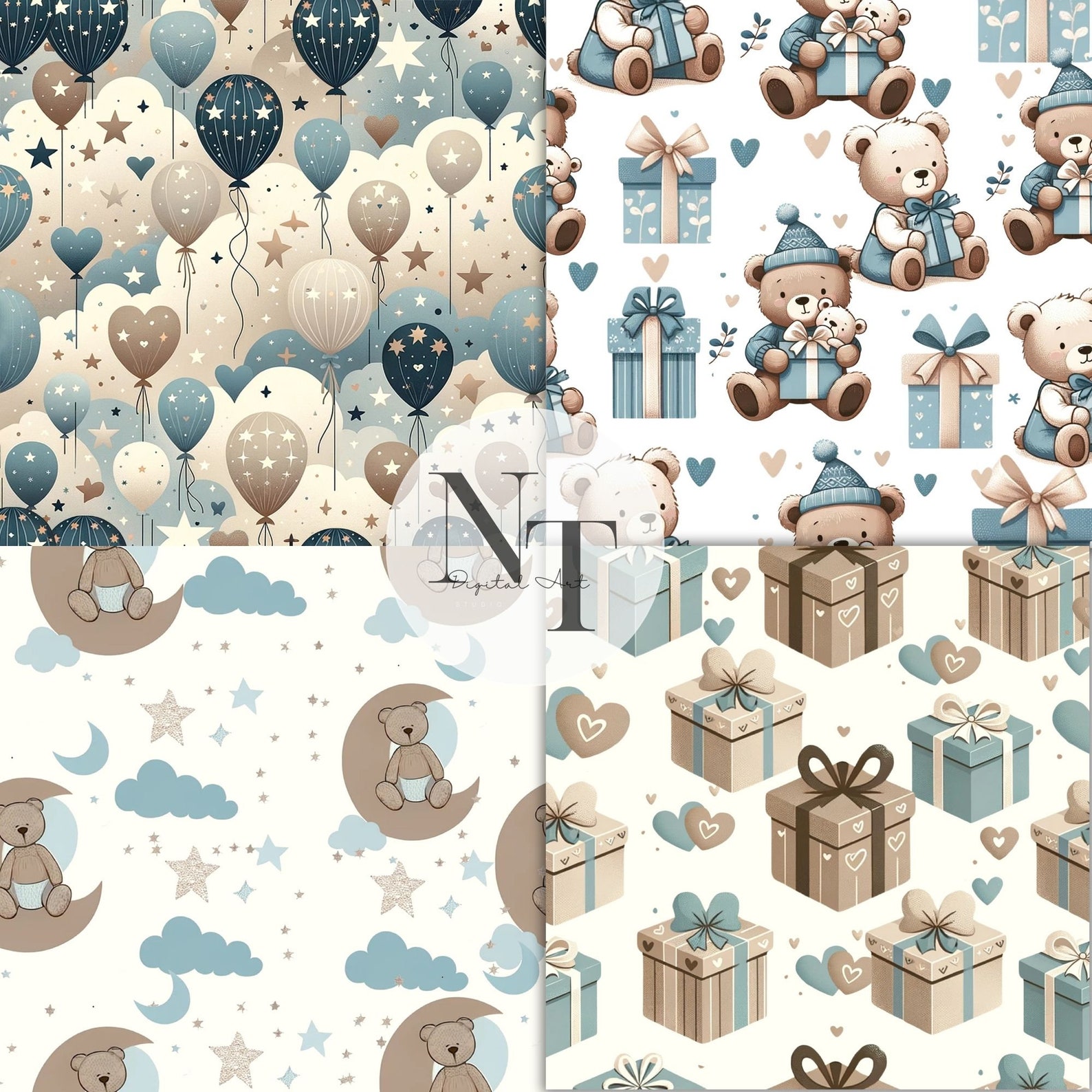 Blue Teddy Bear Digital Paper, Baby Bear Pattern, Nursery Baby Boy ...