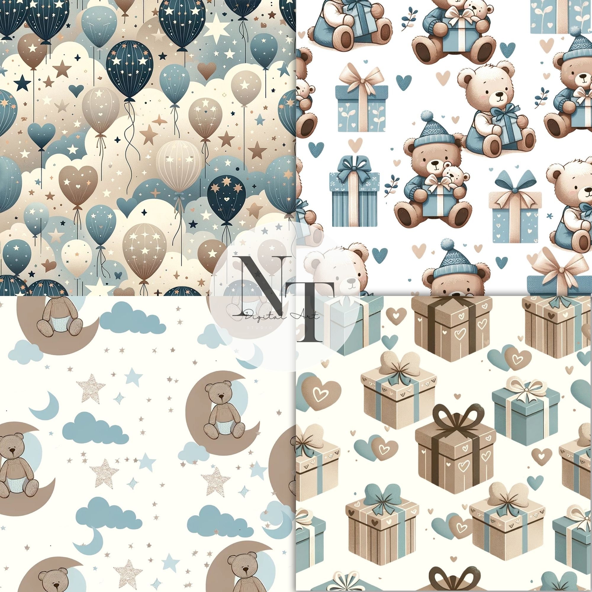 Blue Teddy Bear Digital Paper, Baby Bear Pattern, Nursery Baby Boy ...