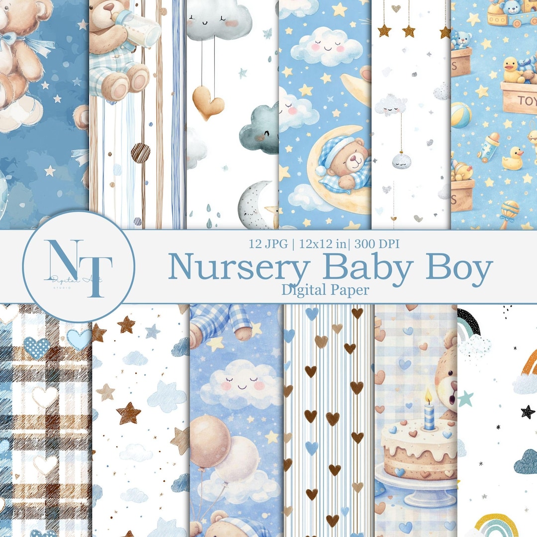 Blue Teddy Bear Digital Paper, Baby Bear Pattern, Nursery Baby Boy ...