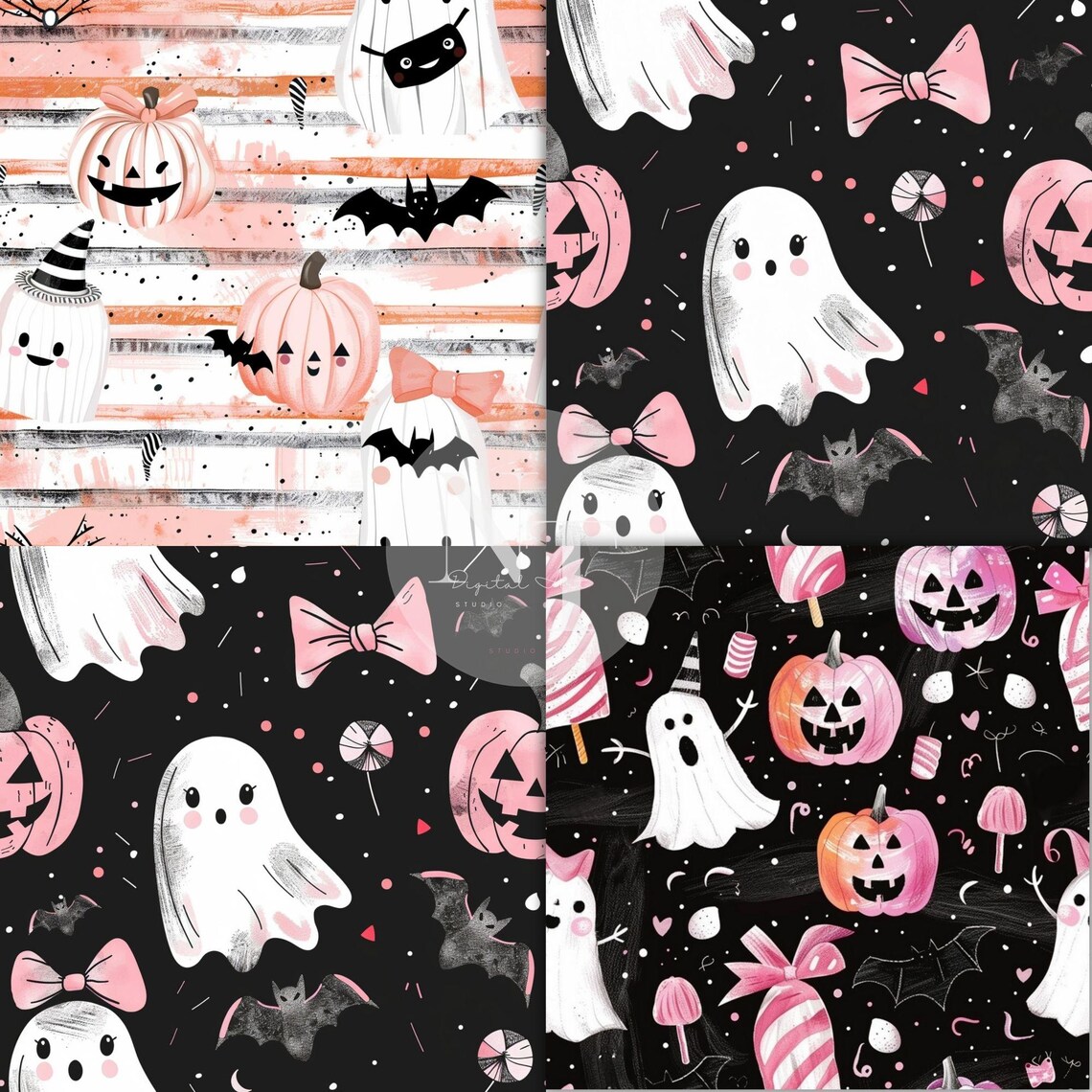 Cute Pink Ghost Halloween Digital Paper, Retro Halloween Seamless ...