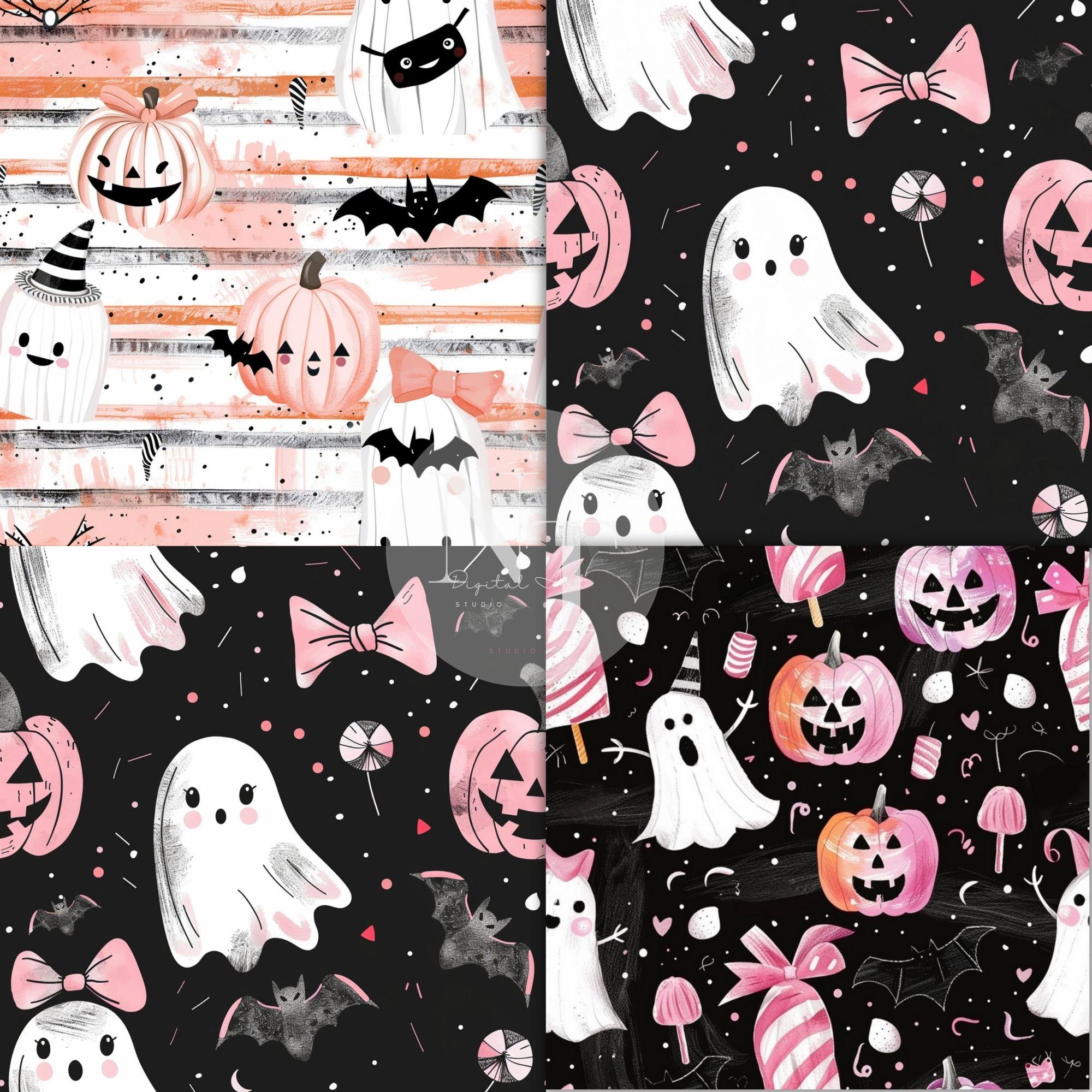 Cute Pink Ghost Halloween Digital Paper, Retro Halloween Seamless ...