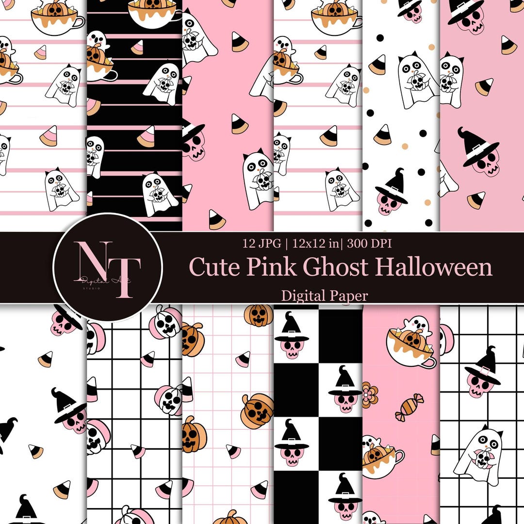 Cute Pink Ghost Halloween Digital Paper, Retro Halloween Seamless ...