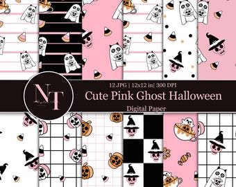 Cute Pink Ghost Halloween Digital Paper, Retro Halloween Seamless ...