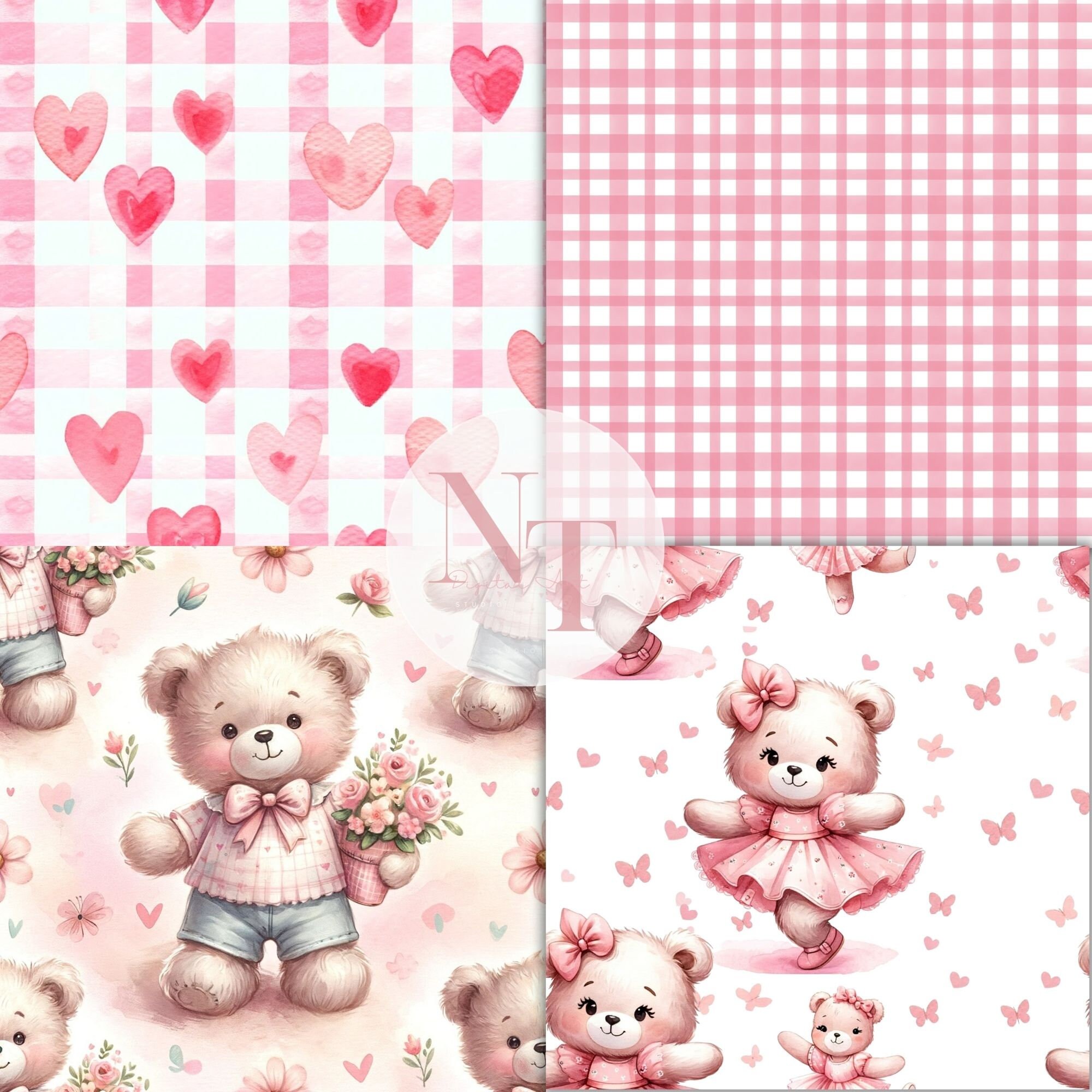 Pink Teddy Bear Digital Paper, Baby Bear Pattern, Nursery Baby Girl ...