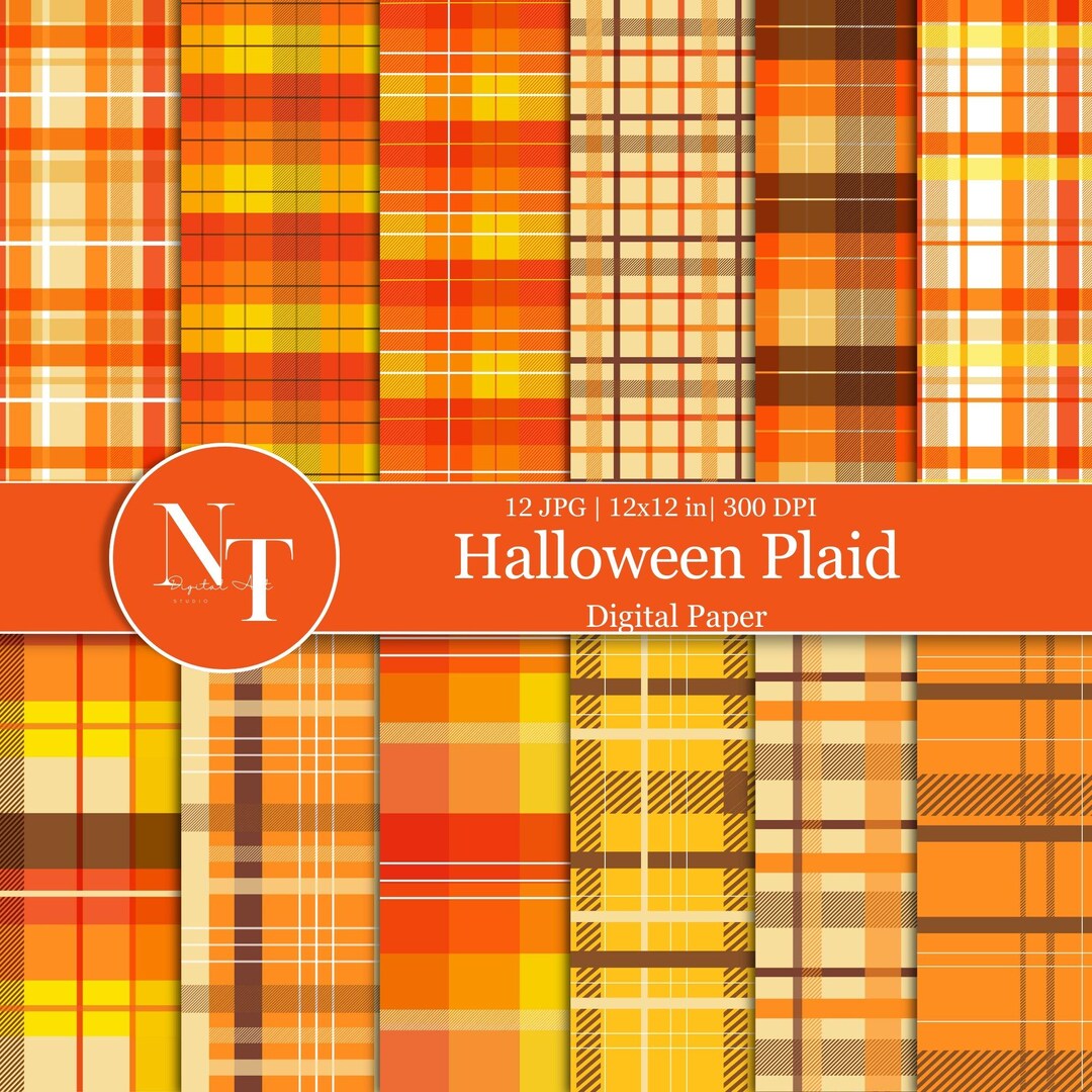 Halloween Plaid Digital Paper, Orange Plaid Seamless Pattern, Autumn ...