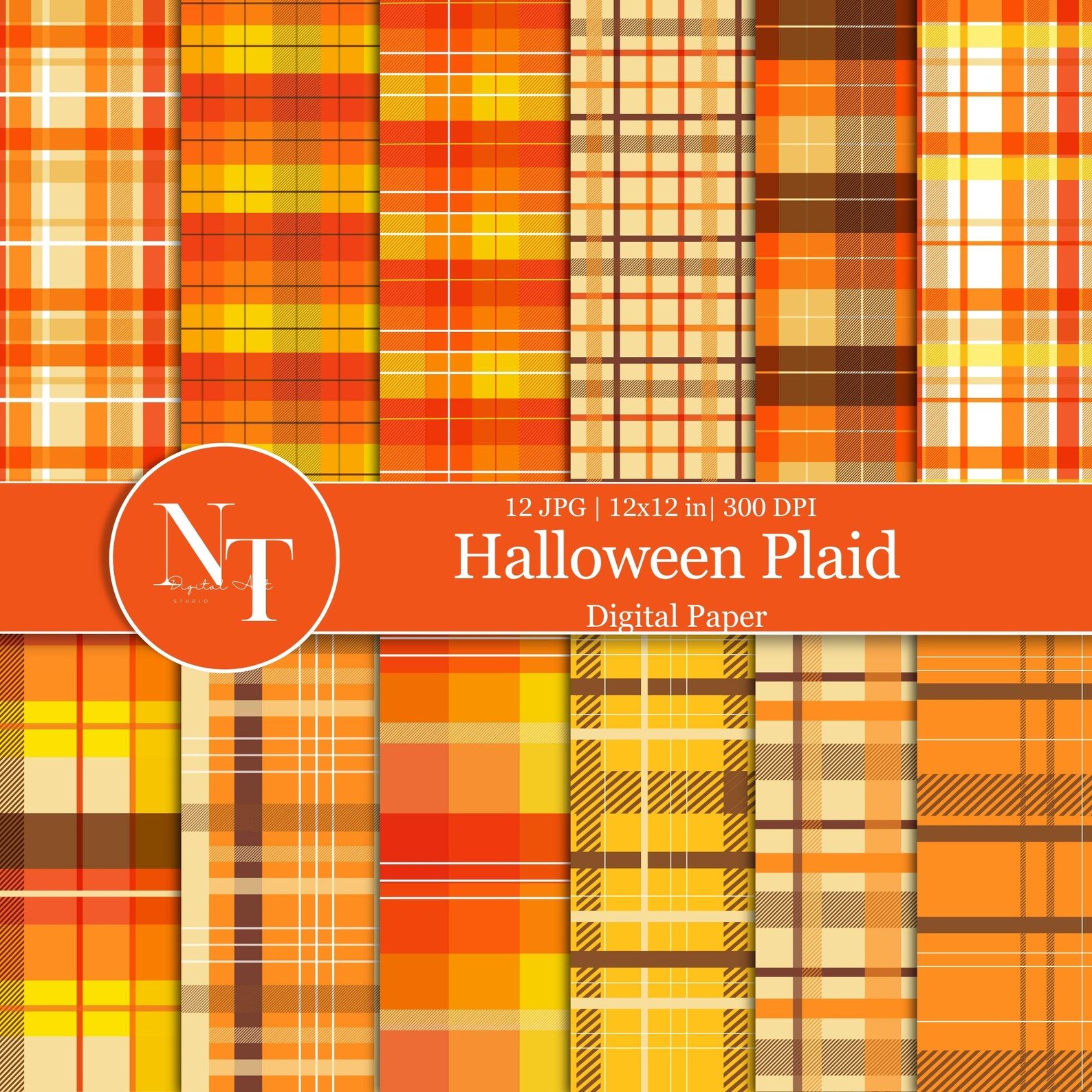 Halloween Plaid Digital Paper, Orange Plaid Seamless Pattern, Autumn ...