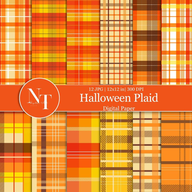 Halloween Plaid Digital Paper, Orange Plaid Seamless Pattern, Autumn ...