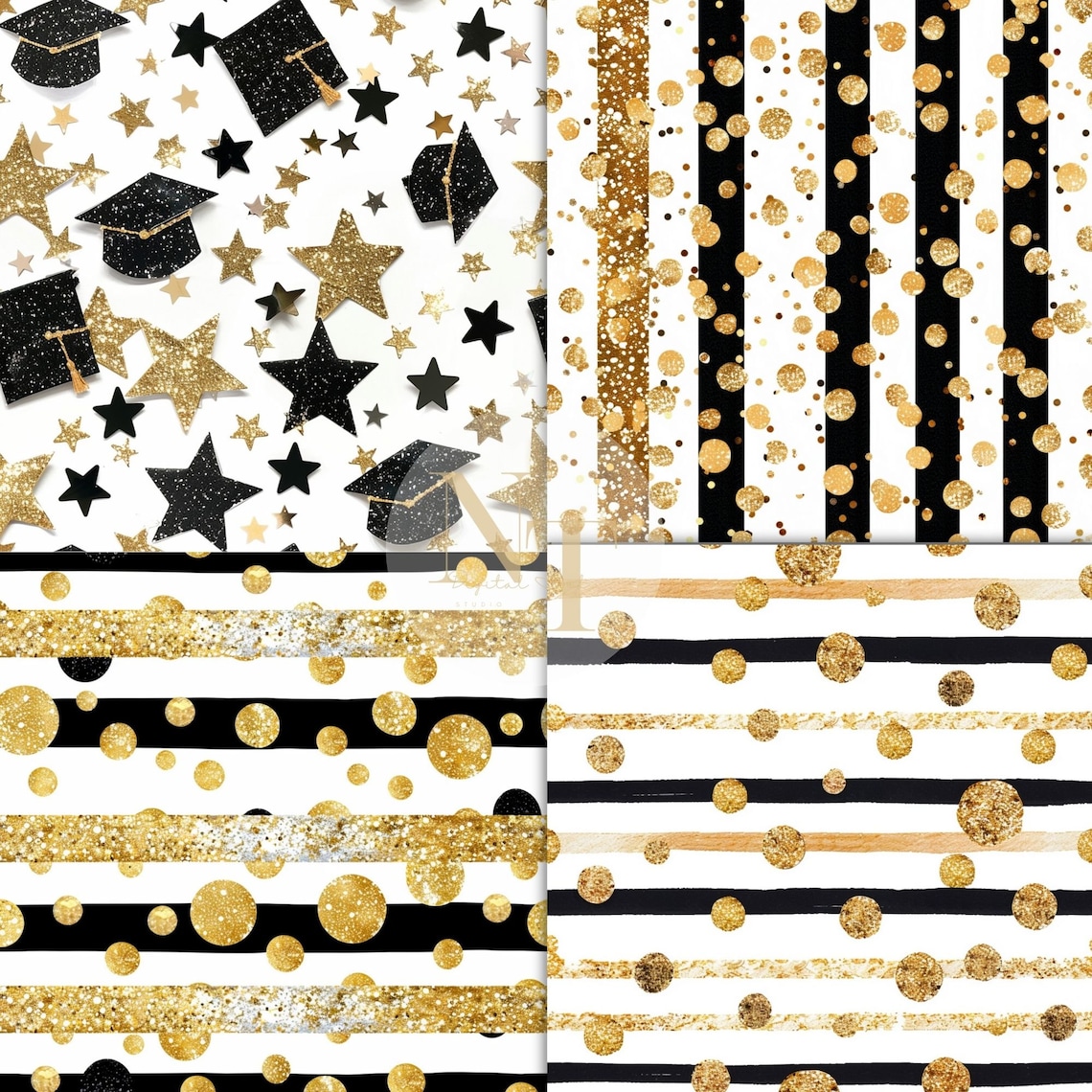 Graduation Digital Paper Seamless Pattern, Class of 2024, Glitter Gold ...