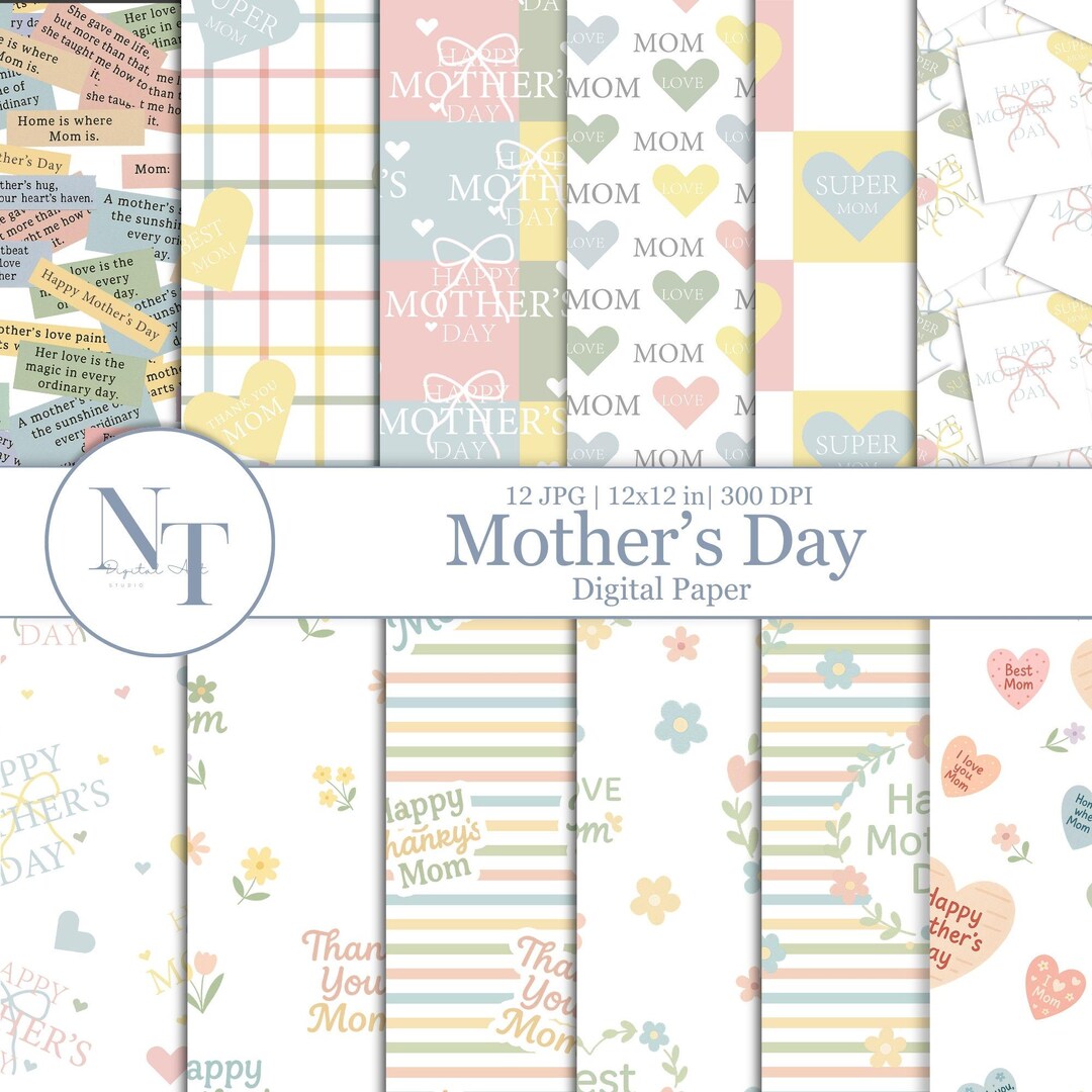 Mothers Day Digital Paper Bundle Pastel Floral Heart Mom Scrapbook ...