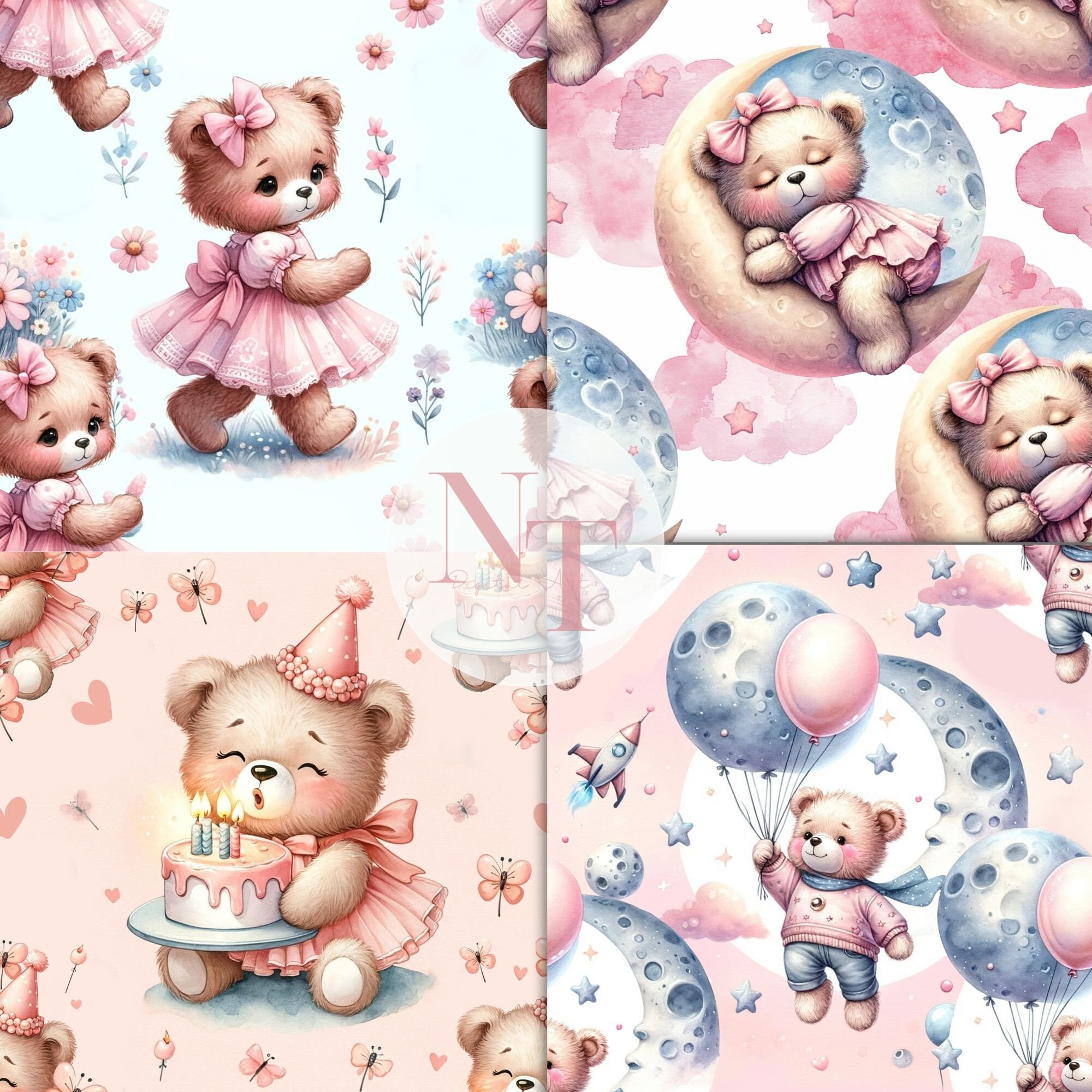 Pink Teddy Bear Digital Paper, Baby Bear Pattern, Nursery Baby Girl ...