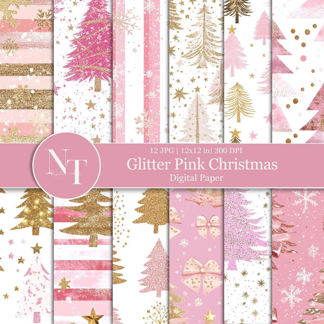 Glitter Pink Christmas Digital Paper Seamless Pattern Christmas Tree ...