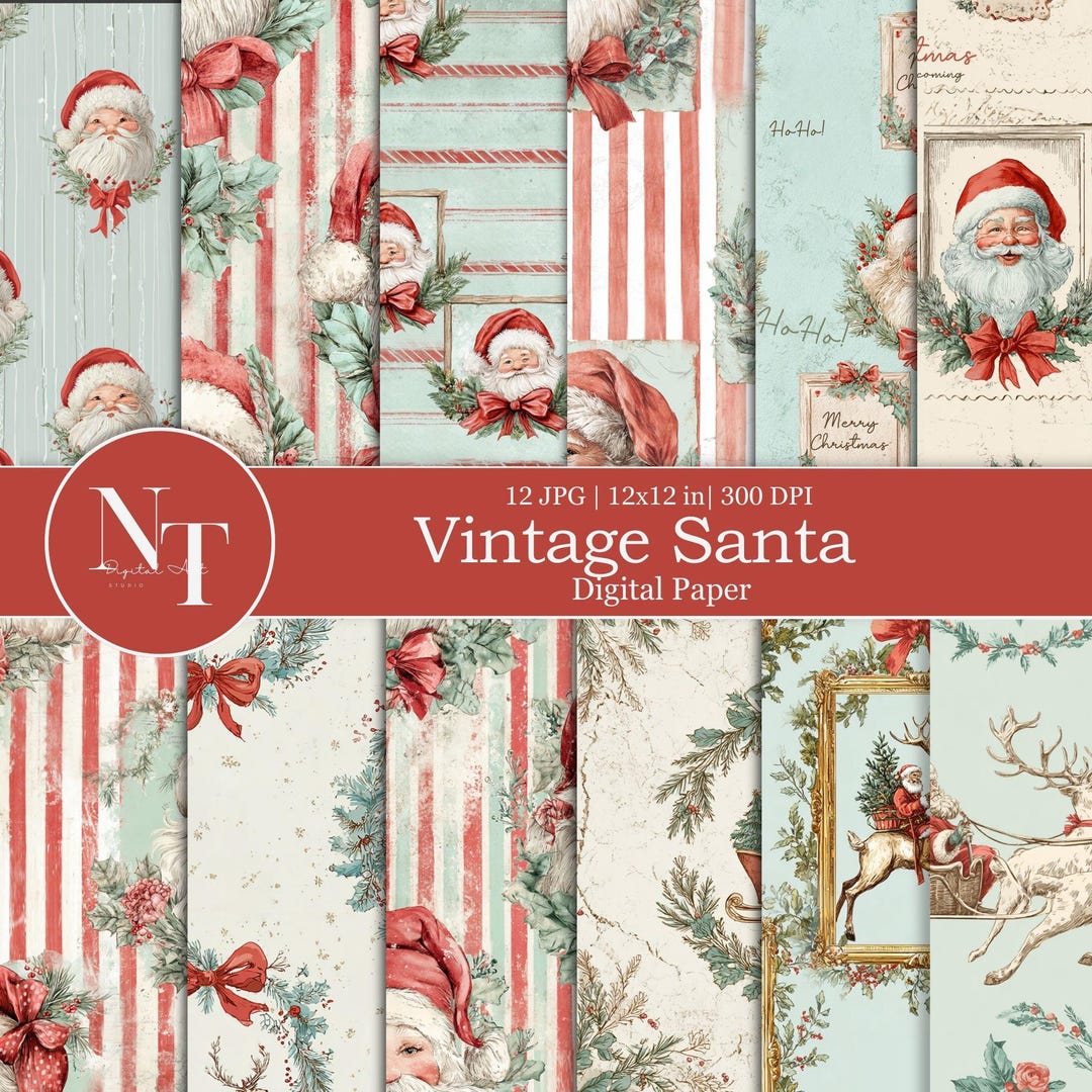Santa Digital Paper Seamless Pattern, Vintage Christmas Scrapbook Paper ...