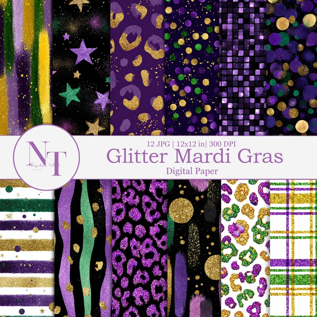 Mardi Gras Digital Paper, Purple Green Gold Seamless Patterns, Leopard ...