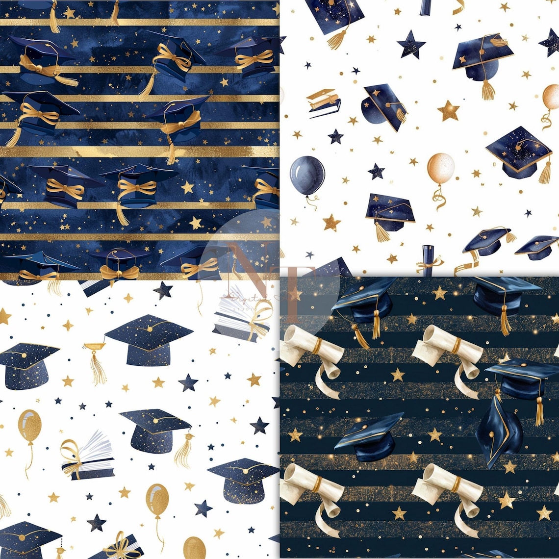 Graduation Digital Paper Seamless Pattern, Class of 2024, Glitter Blue ...