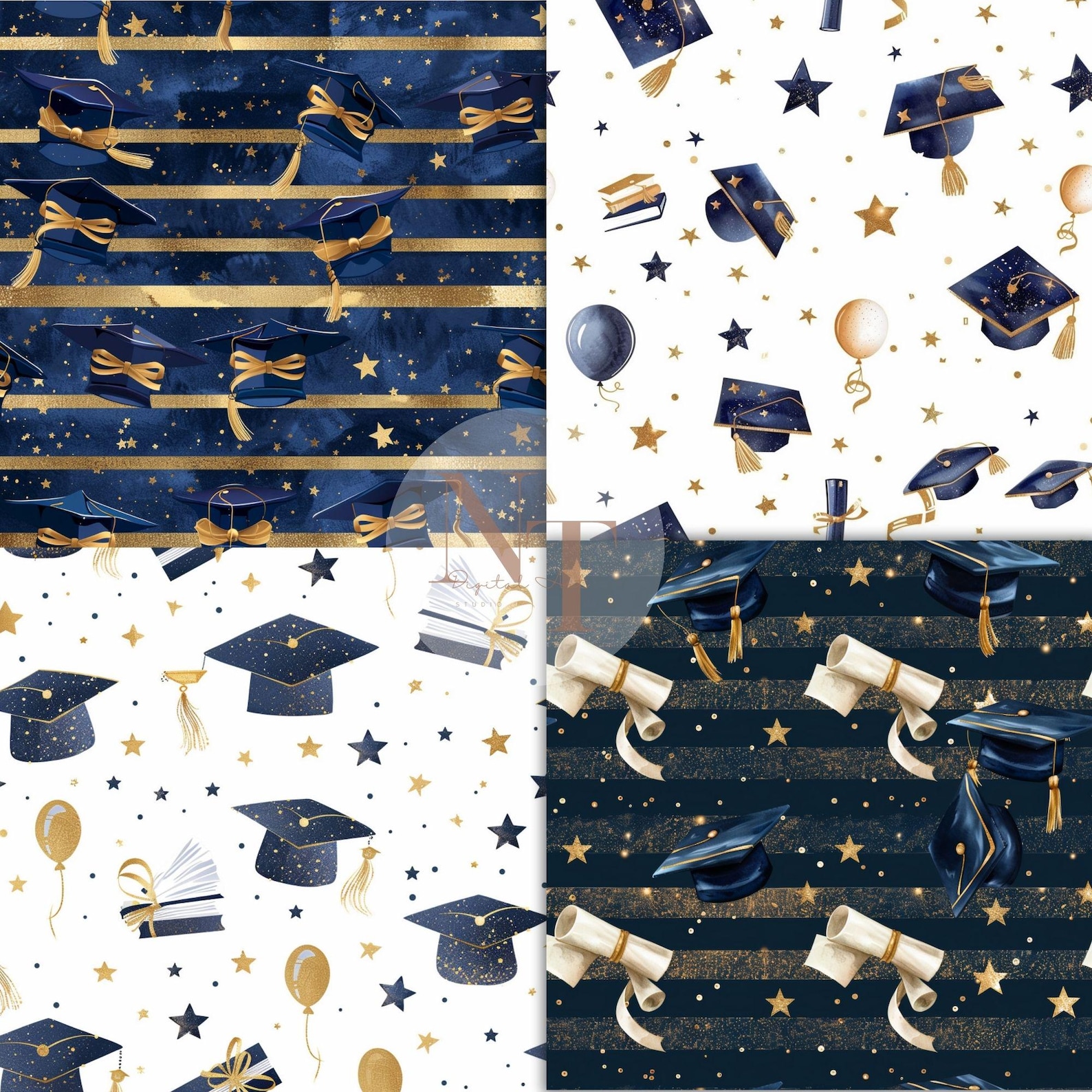 Graduation Digital Paper Seamless Pattern, Class of 2024, Glitter Blue ...