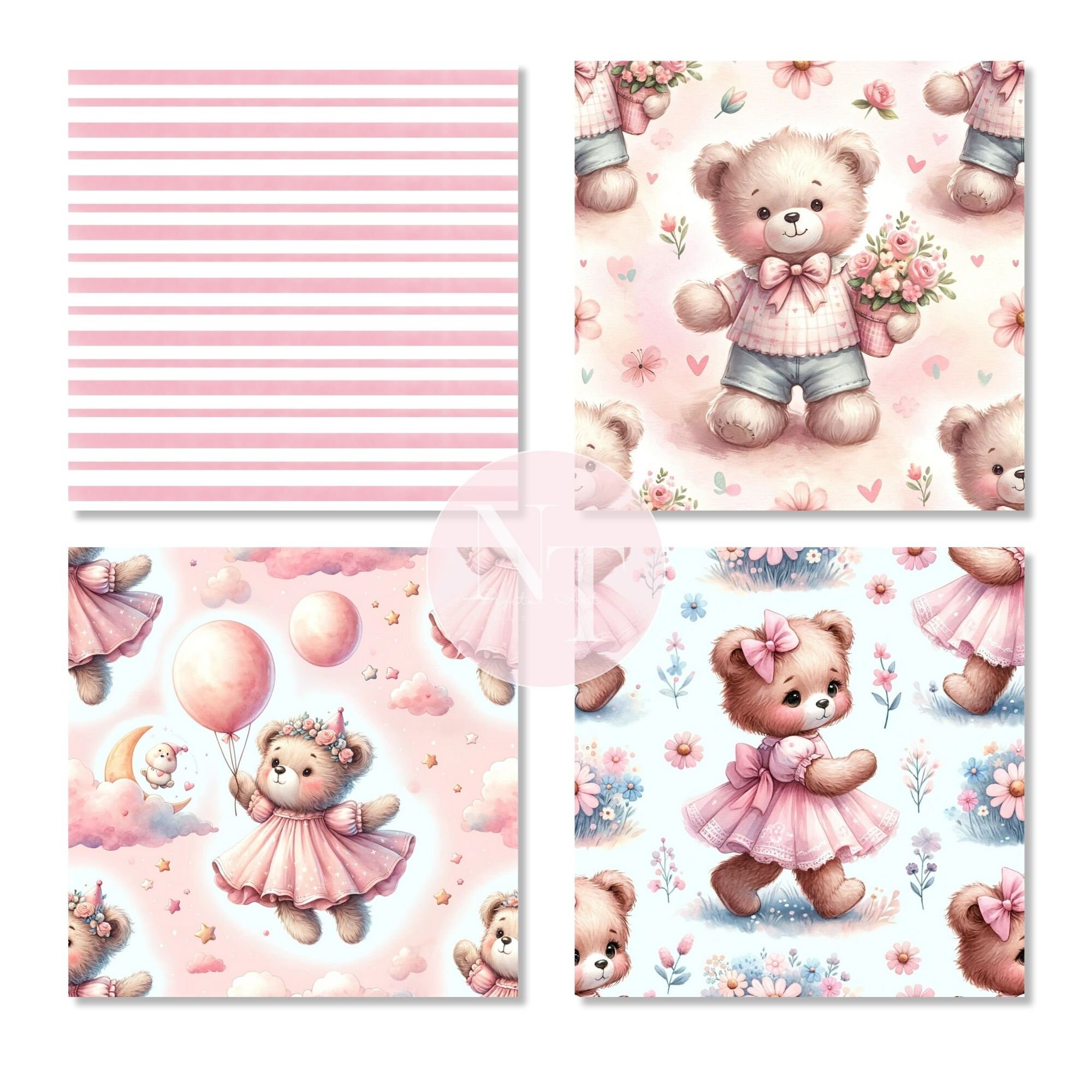 Pink Teddy Bear Digital Paper, Baby Bear Pattern, Nursery Baby Girl ...