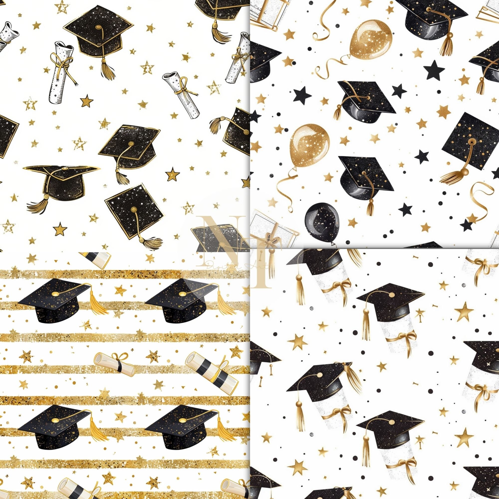 Graduation Digital Paper Seamless Pattern, Class of 2024, Glitter Gold ...