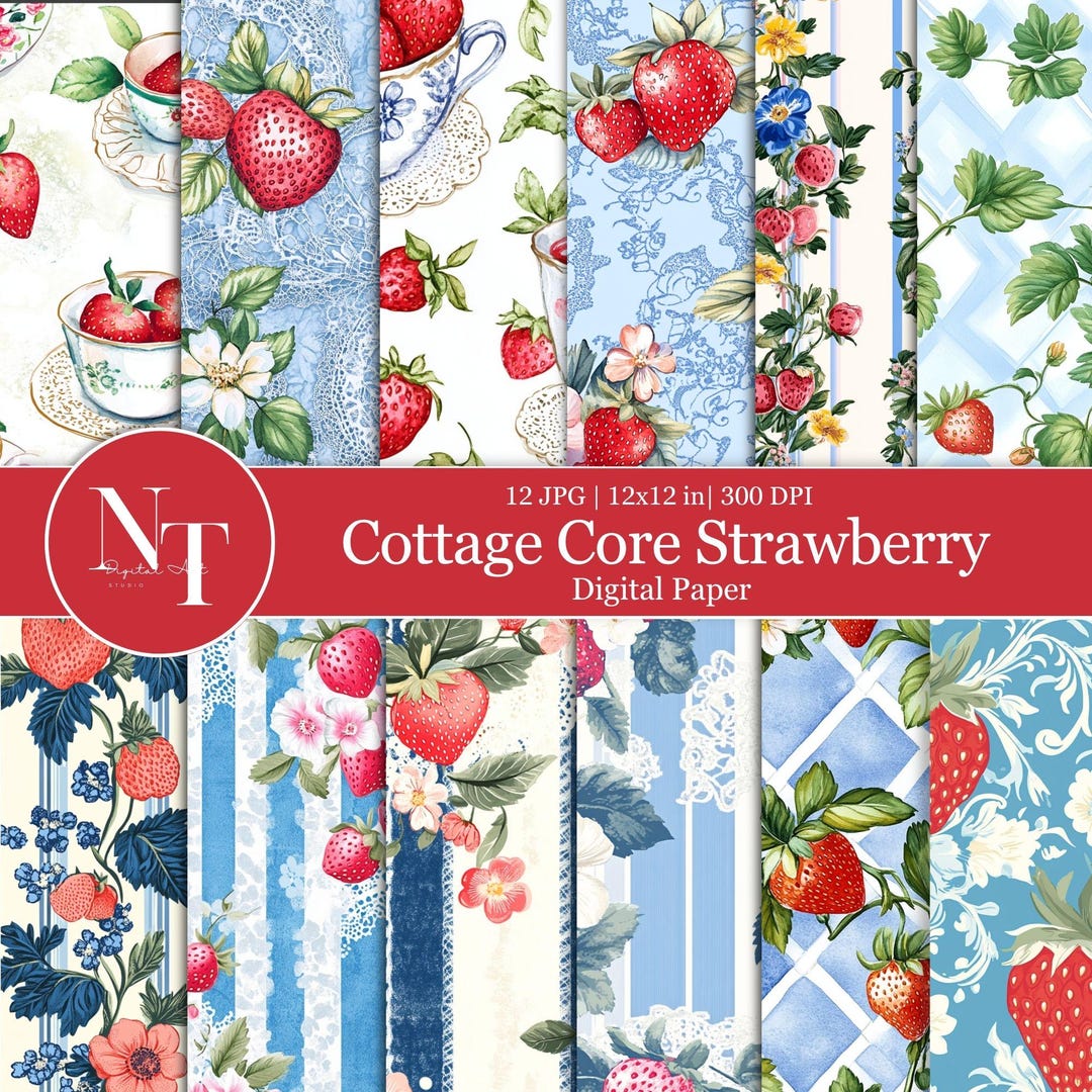 Cottagecore Strawberry Digital Paper, Vintage Garden Seamless Patterns ...
