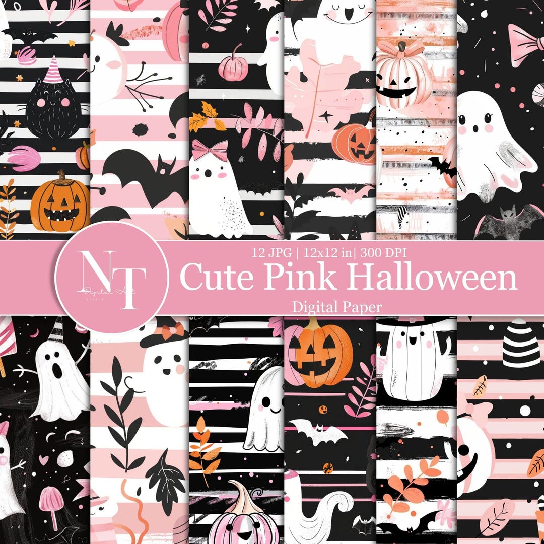 Cute Pink Ghost Halloween Digital Paper, Retro Halloween Seamless ...