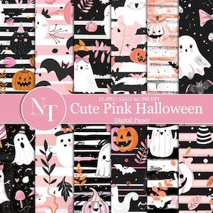 Cute Pink Ghost Halloween Digital Paper, Retro Halloween Seamless ...