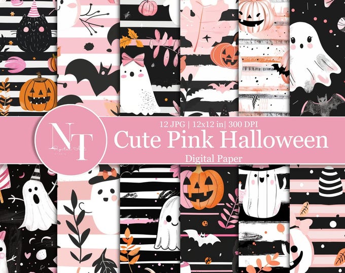Cute Pink Ghost Halloween Digital Paper, Retro Halloween Seamless ...