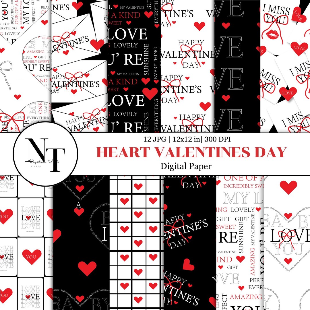 Heart Valentines Day Digital Paper Love Seamless Pattern Red Heart ...