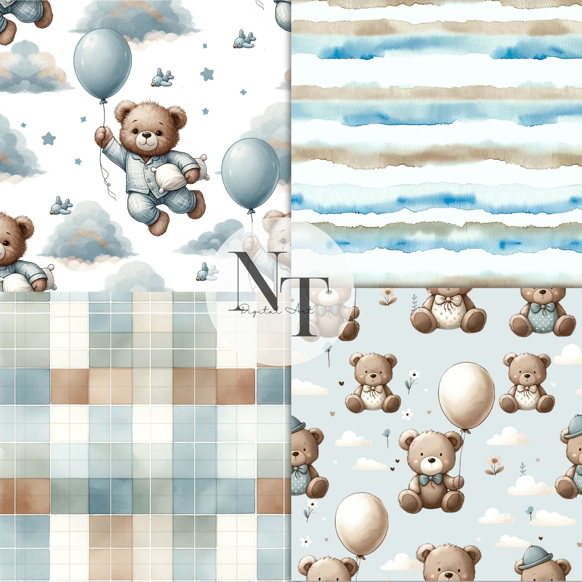 Blue Teddy Bear Digital Paper, Baby Bear Pattern, Nursery Baby Boy ...