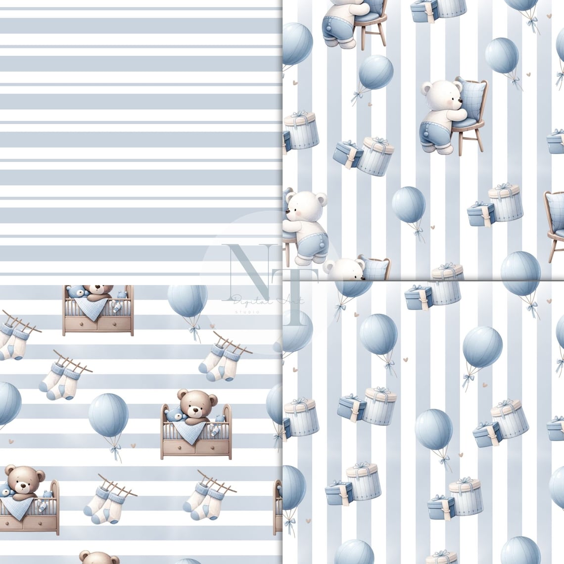 Blue Teddy Bear Digital Paper, Baby Bear Pattern, Nursery Baby Boy ...