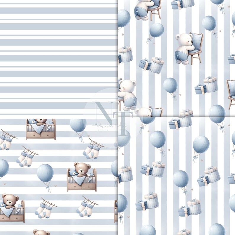 Blue Teddy Bear Digital Paper, Baby Bear Pattern, Nursery Baby Boy ...