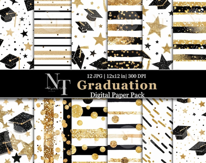 Graduation Digital Paper Seamless Pattern, Class of 2024, Glitter Gold ...