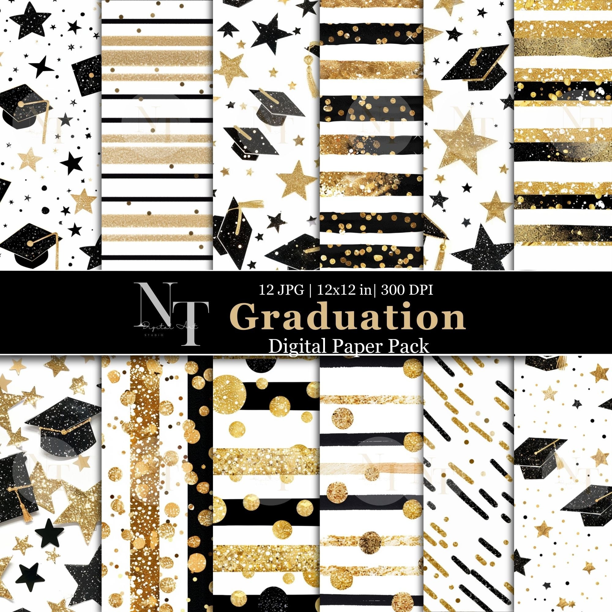 Graduation Digital Paper Seamless Pattern, Class of 2024, Glitter Gold ...