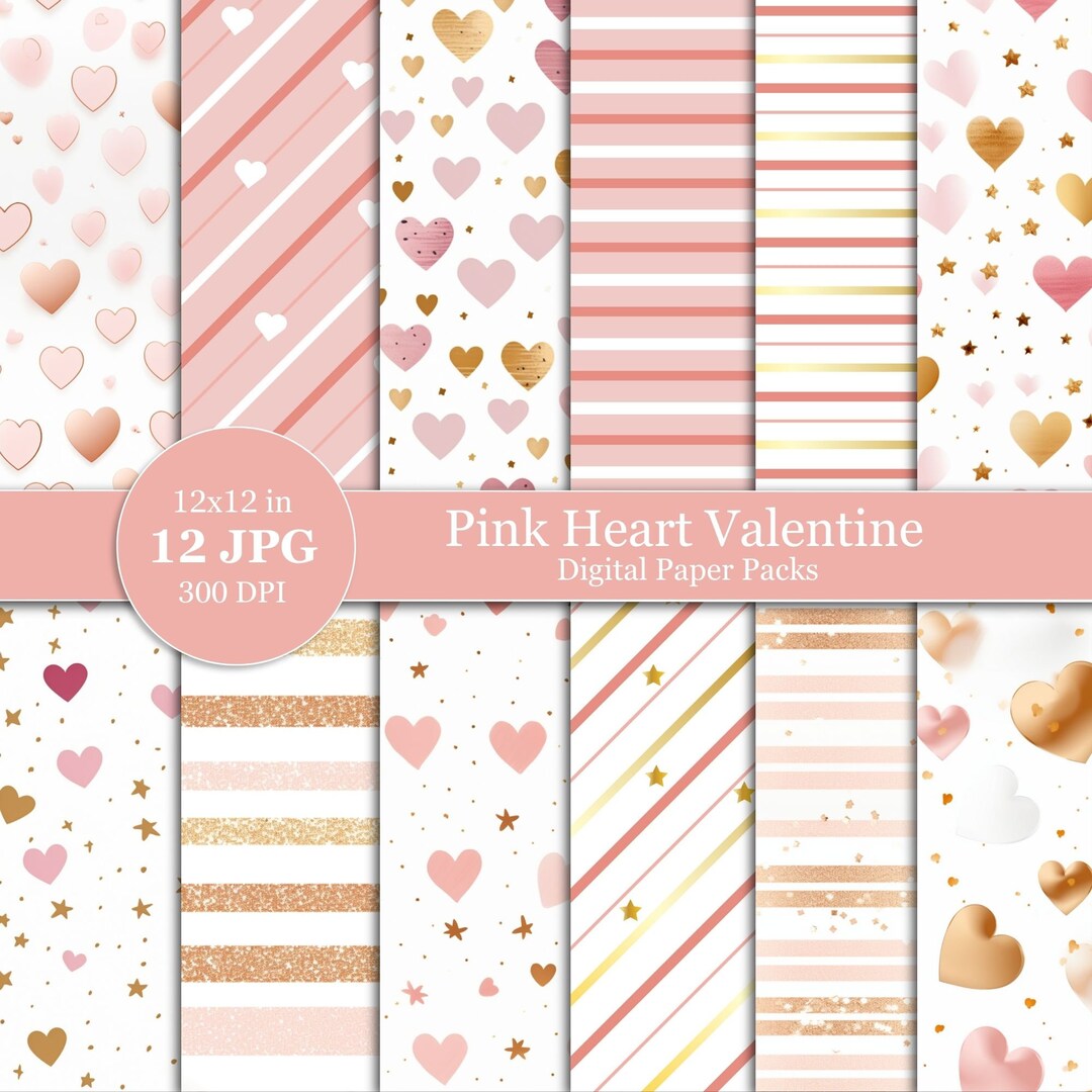 Pink Heart Valentine Digital Paper, Pink and Gold Stripes Scrapbooking ...