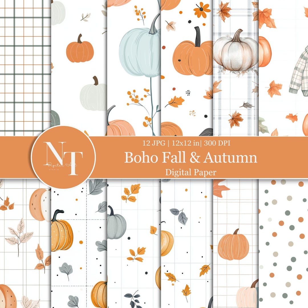 Watercolor Boho Fall Autumn Digital Paper, Pastel Pumpkin Seamless ...