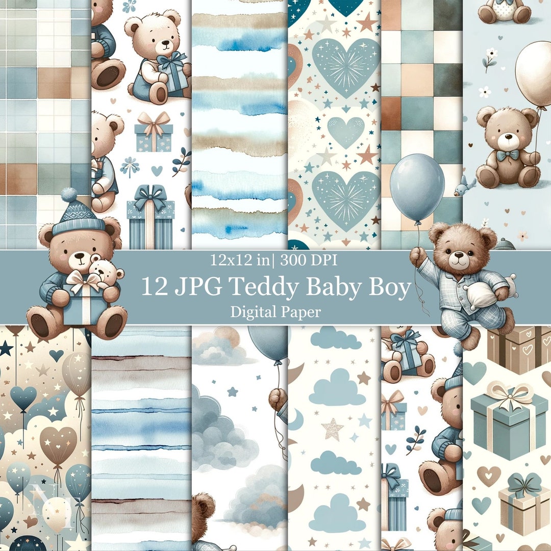 Blue Teddy Bear Digital Paper, Baby Bear Pattern, Nursery Baby Boy ...