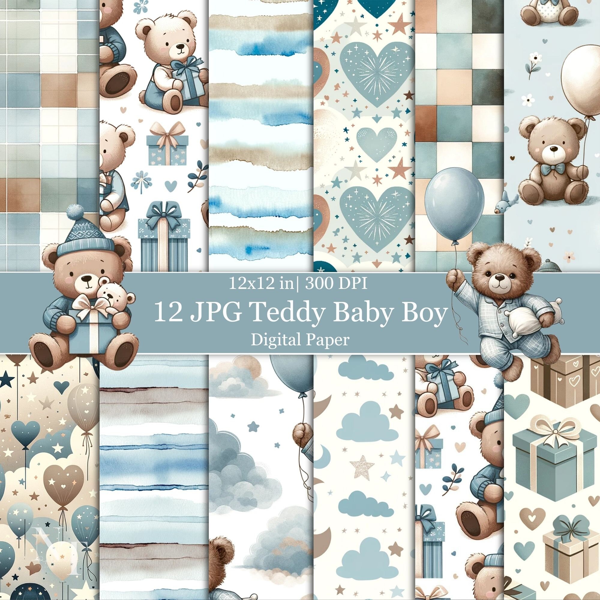 Blue Teddy Bear Digital Paper, Baby Bear Pattern, Nursery Baby Boy ...