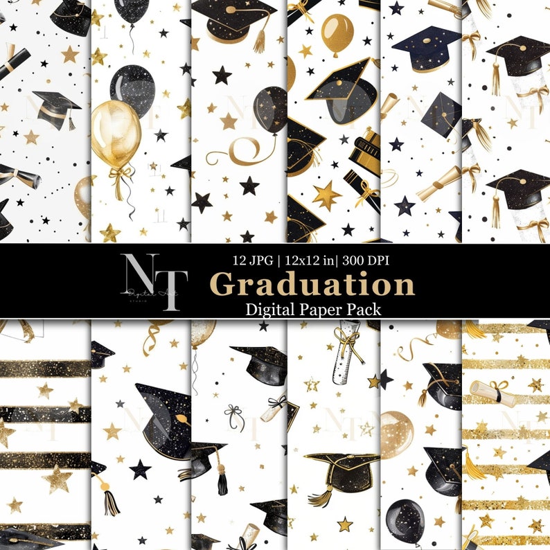 Graduation Digital Paper Seamless Pattern, Class of 2024, Glitter Gold ...