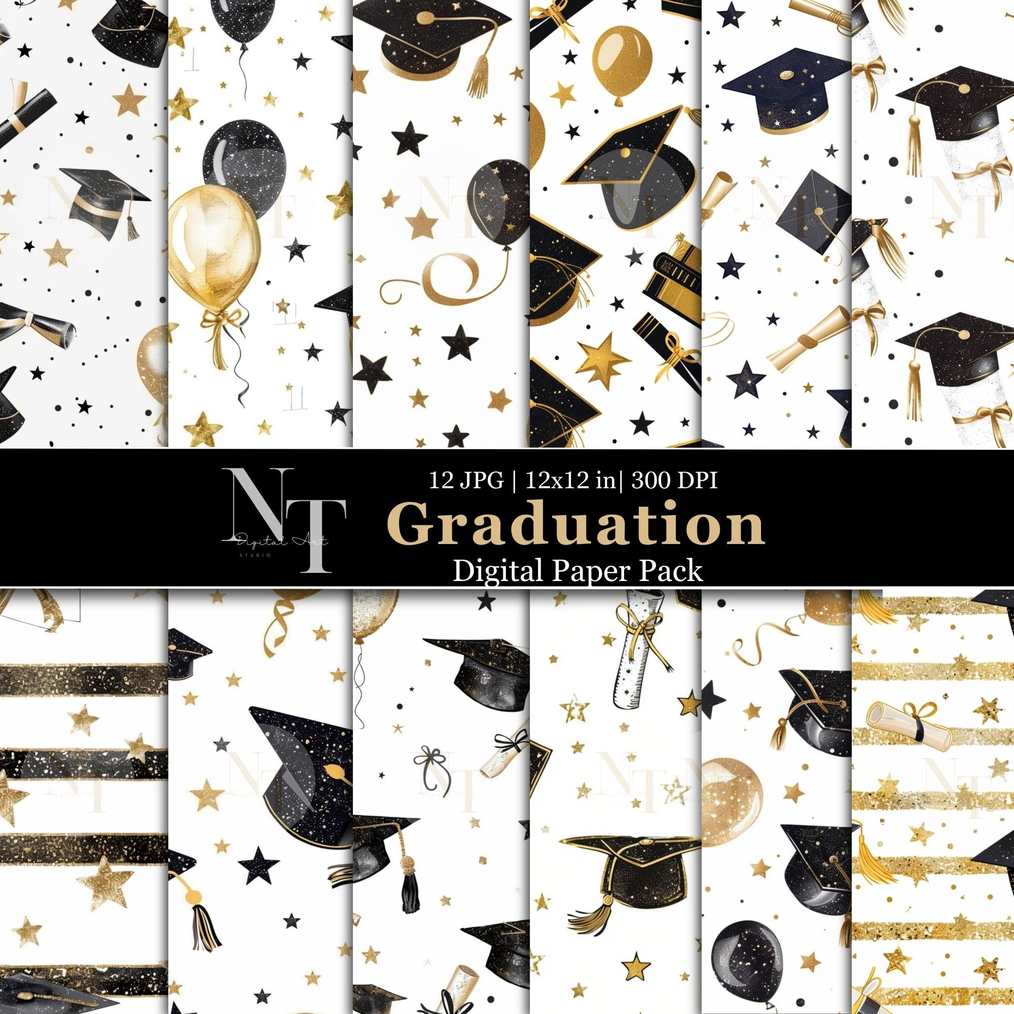 Graduation Digital Paper Seamless Pattern, Class of 2024, Glitter Gold ...