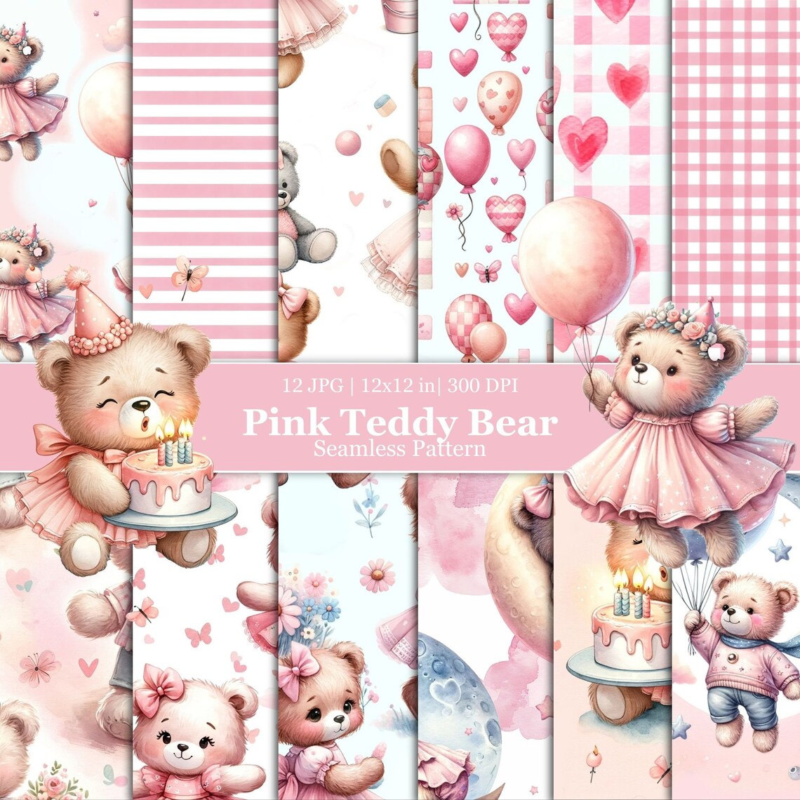 Pink Teddy Bear Digital Paper, Baby Bear Pattern, Nursery Baby Girl ...