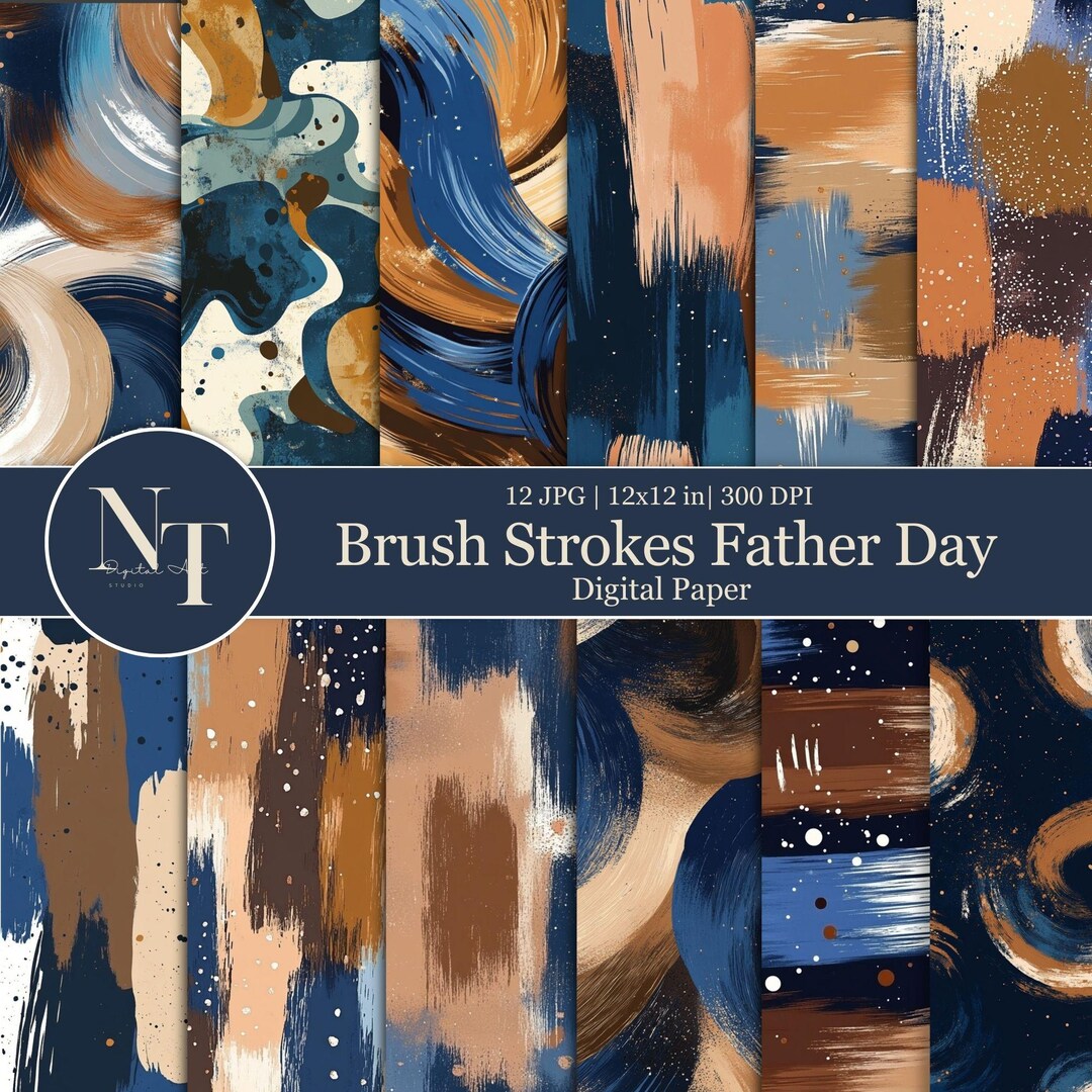 Father's Day Brush Stroke Digital Paper, Blue & Brown Abstract ...