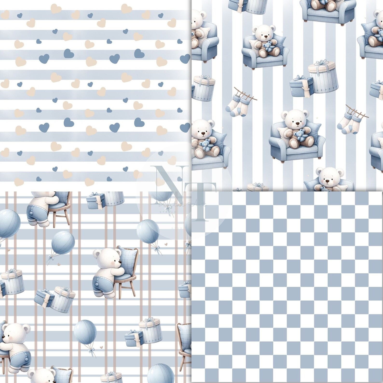 Blue Teddy Bear Digital Paper, Baby Bear Pattern, Nursery Baby Boy ...