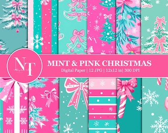 Mint & Pink Christmas Digital Papers Seamless Pattern Pink Pepermint ...