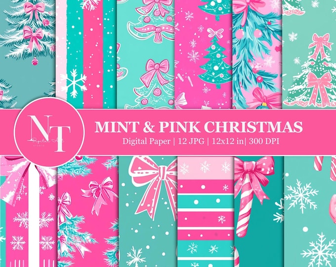Mint & Pink Christmas Digital Papers Seamless Pattern Pink Pepermint ...